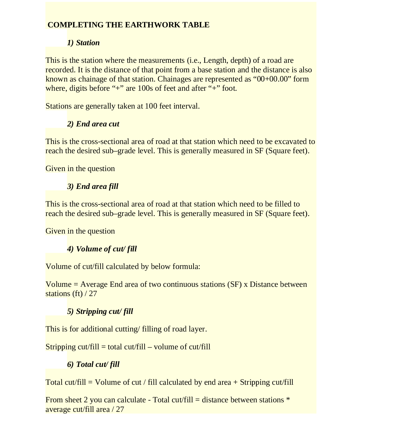 Solved Create An Excel Spreadsheet For The Earthwork Volume