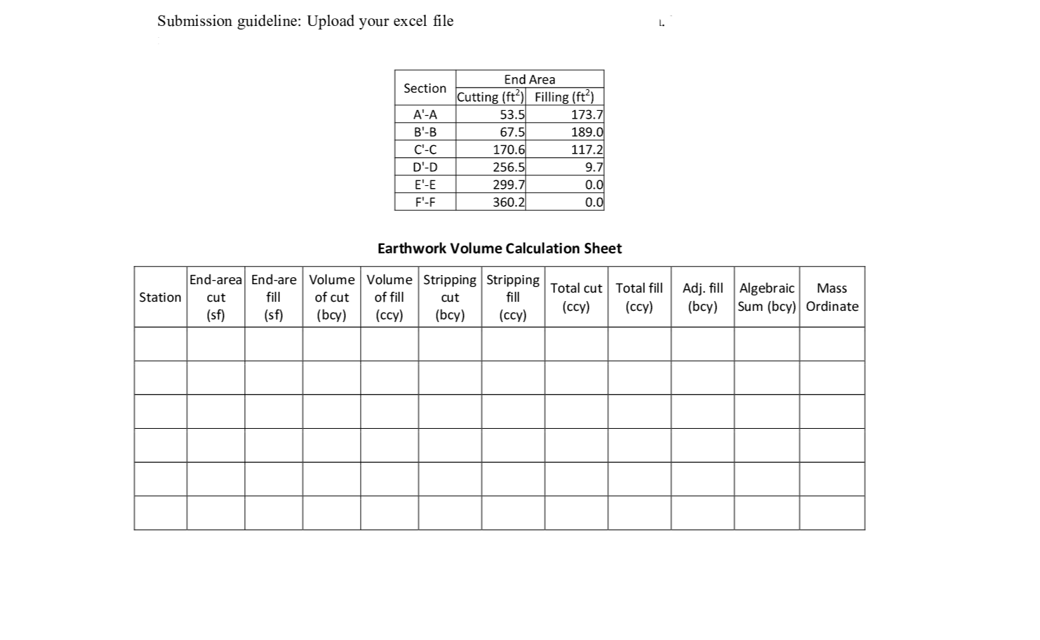 Solved: Create an Excel spreadsheet for the earthwork volume ...