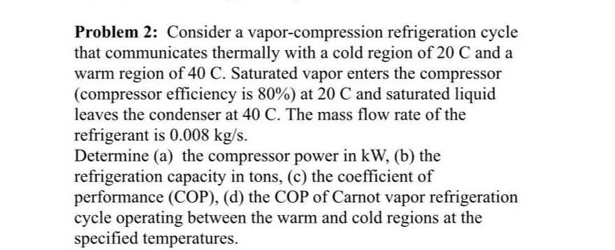 Solved: Problem 2: Consider a vapor-compression refrigeration cycle ... Solved: Problem 2: Consider a vapor-compression refrigeration cycle ...