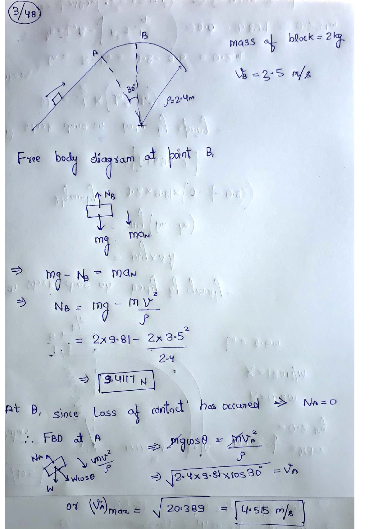 Solved: 3/48 If the 2-kg block passes over the top B of the circular portion - TutorBin